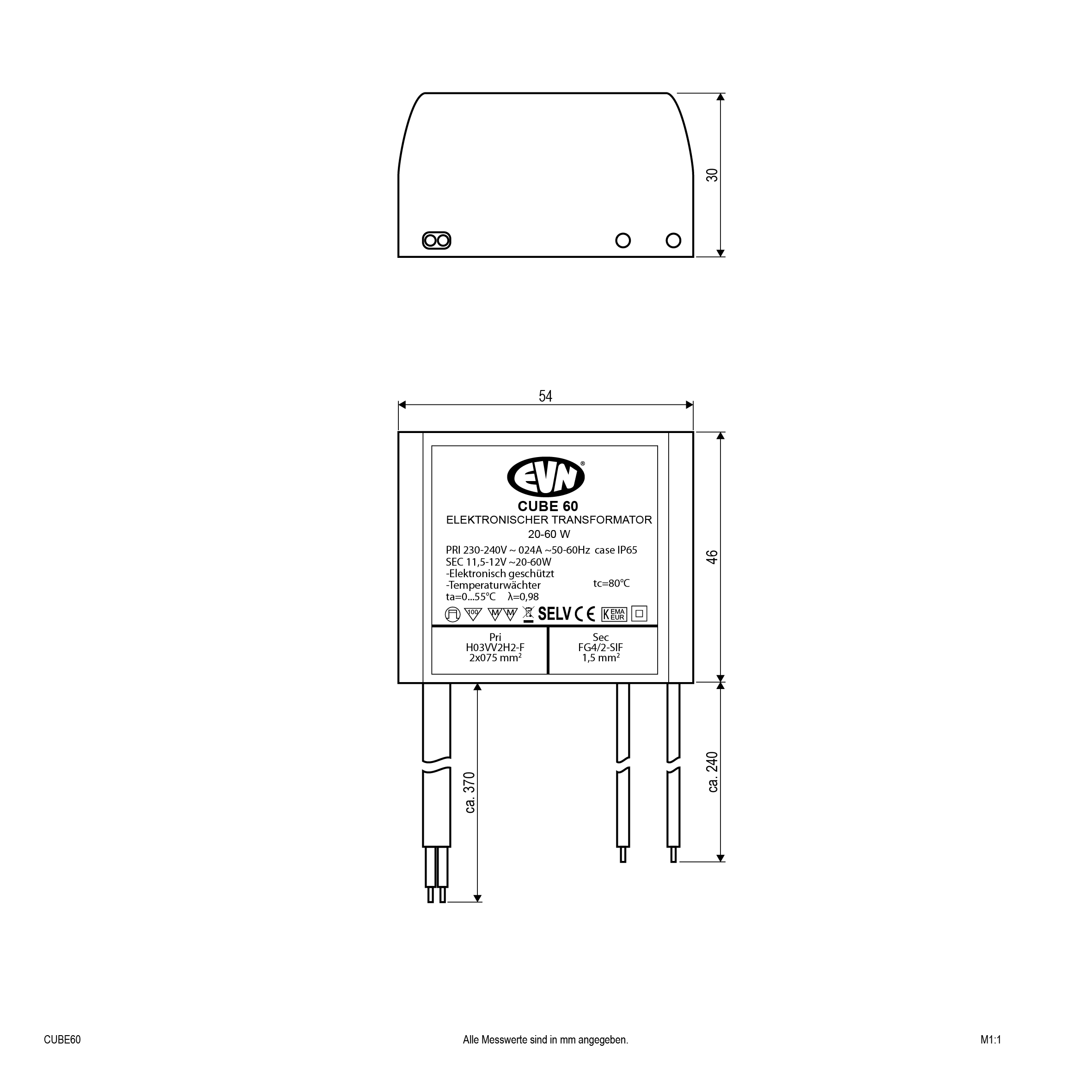 Elektr. Trafo 12V/AC -20-60W - IP65 - Primär: 230-240V/AC ...
