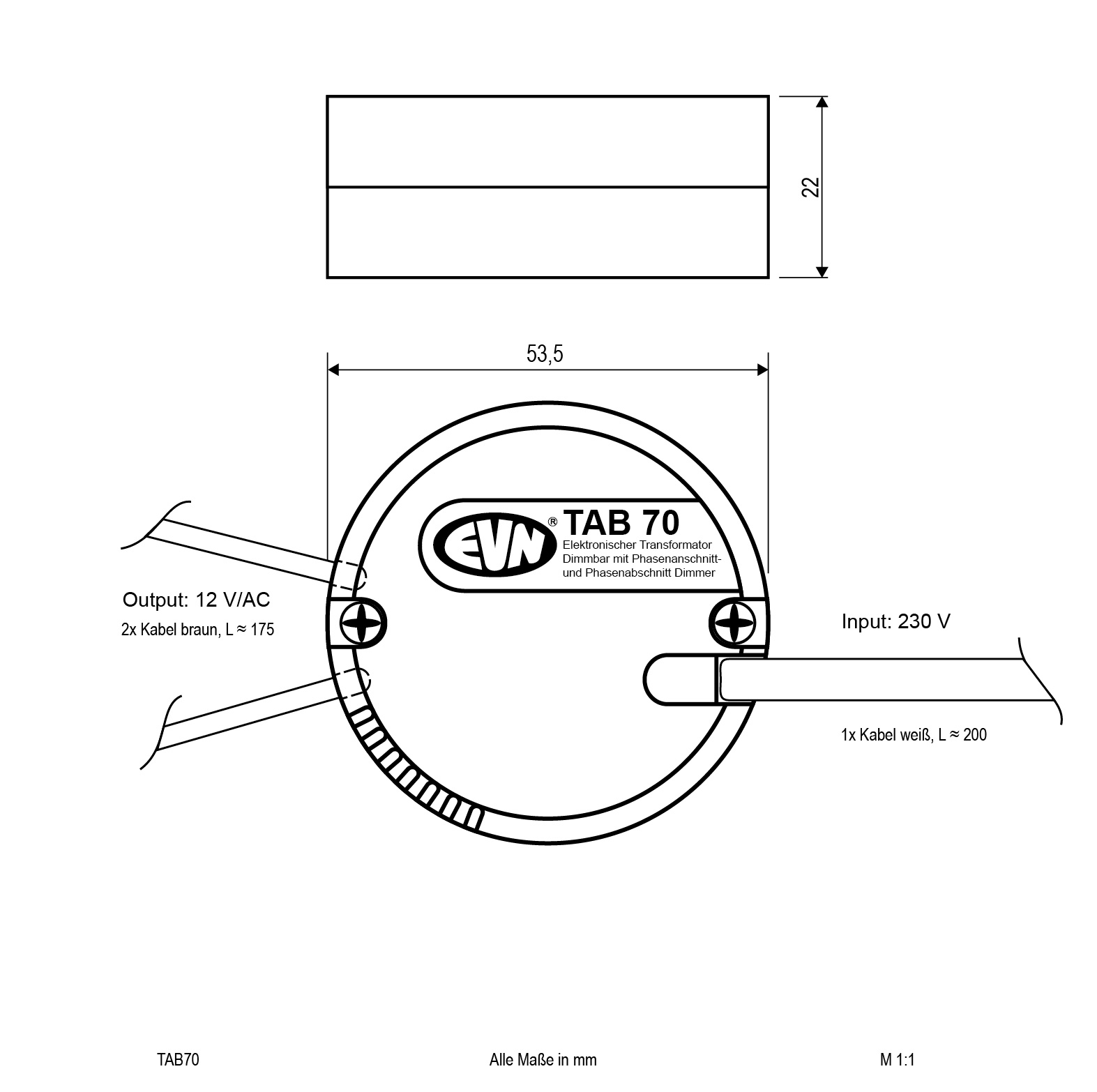 Elektr. Trafo 12V/AC - 20-70W - IP20 - Primär: 230V/AC Phasenan ...